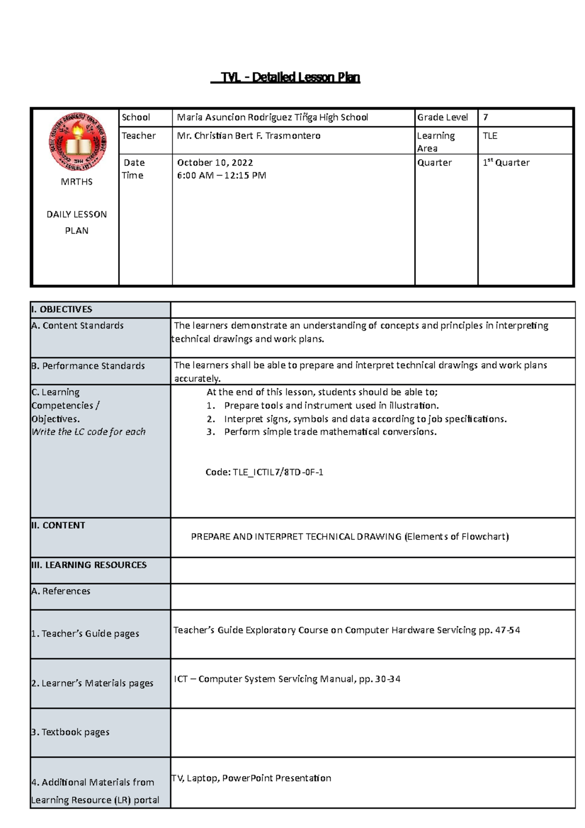 DLP-1 - Detailed Lesson Plan - TVL - Detailed Lesson Plan MRTHS DAILY ...