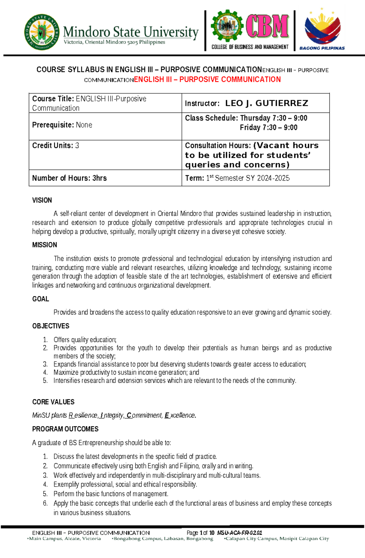 Course Syllabus IN English III CBM - COURSE SYLLABUS IN ENGLISH III – PURPOSIVE ...