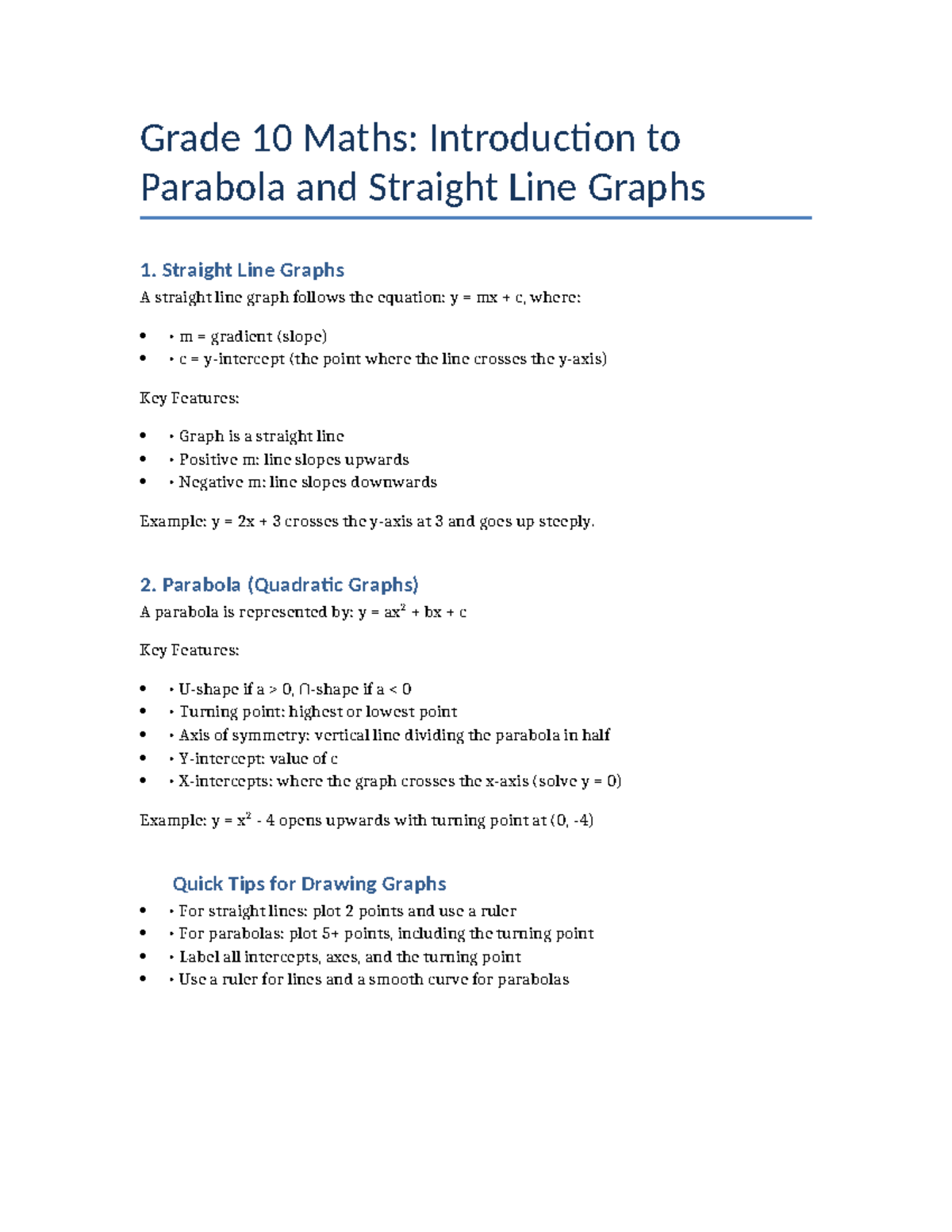 Grade 10 Maths: Parabola & Straight Line Graphs Summary - Studocu