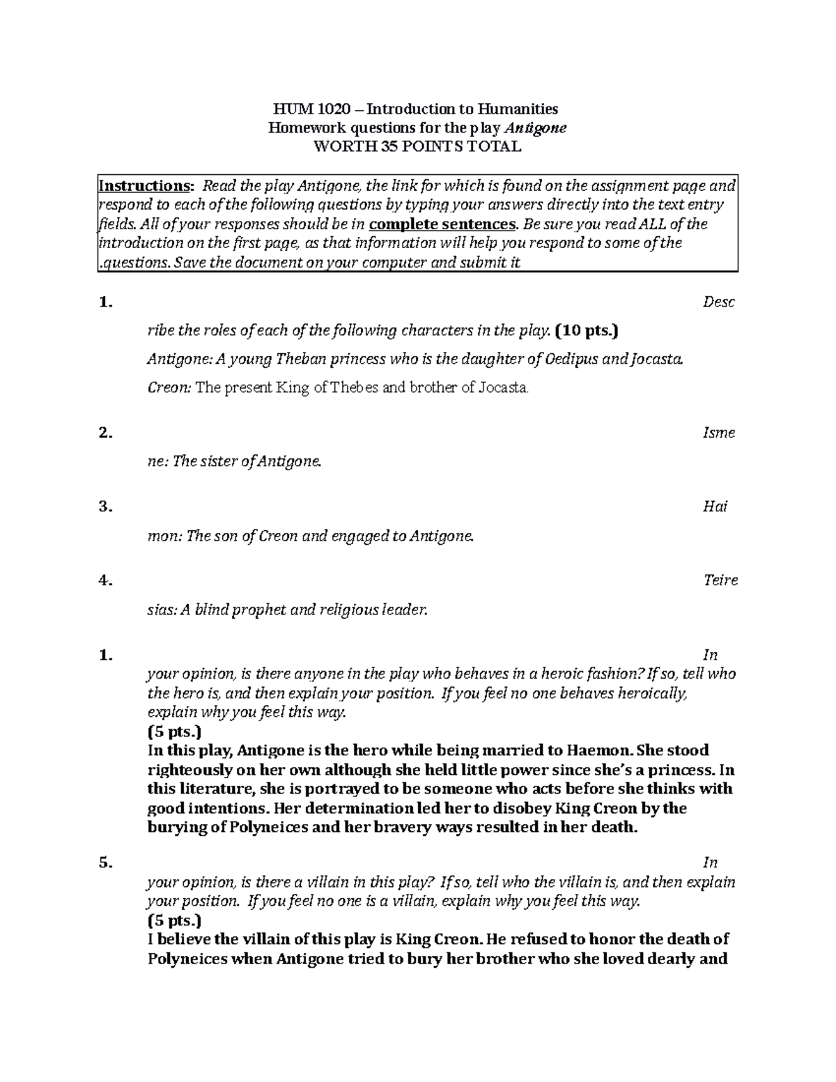 Antigone Analysis Questions - HUM 1020 Homework Assignment - Studocu