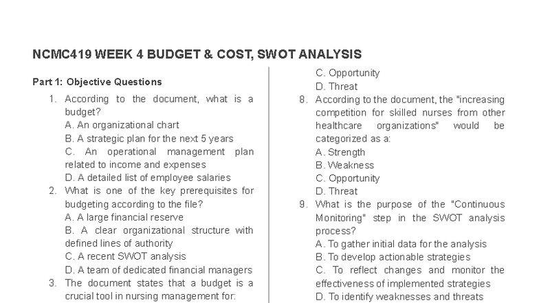 NCMC419 WEEK 4-5 PRACTICE QUESTIONS & SWOT ANALYSIS REVIEW - Studocu