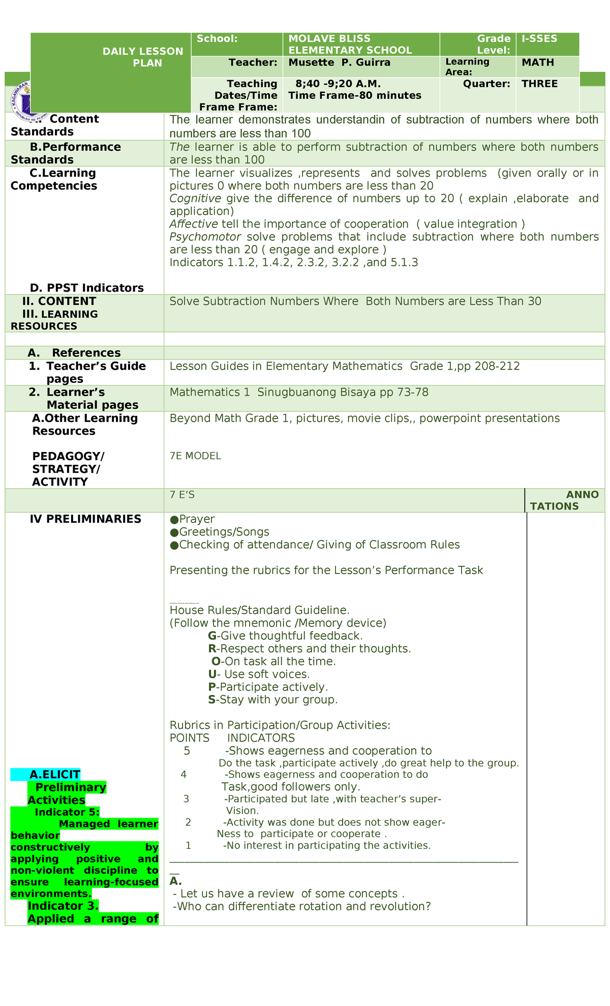 DAILY LESSON PLAN: Comparing Planets of the Solar System (Grade 1 ...