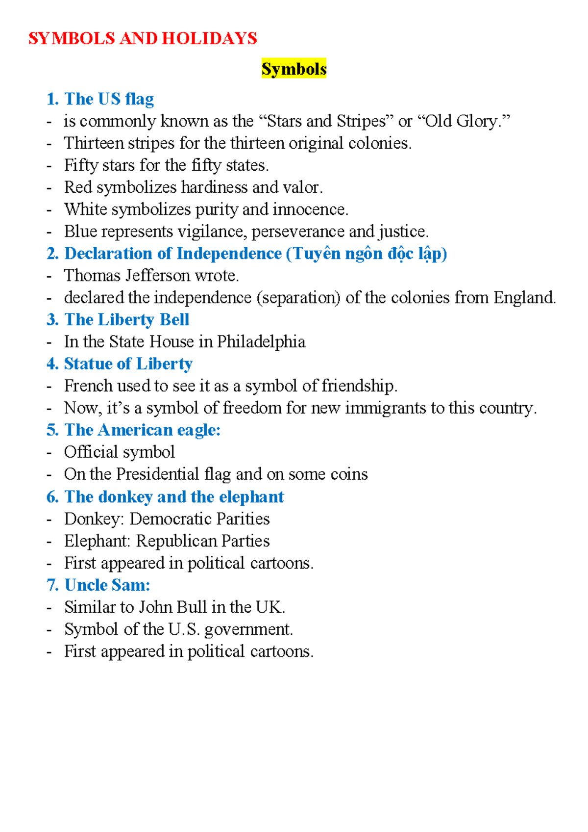 Symbols AND Holidays - Review for the final test. - SYMBOLS AND ...