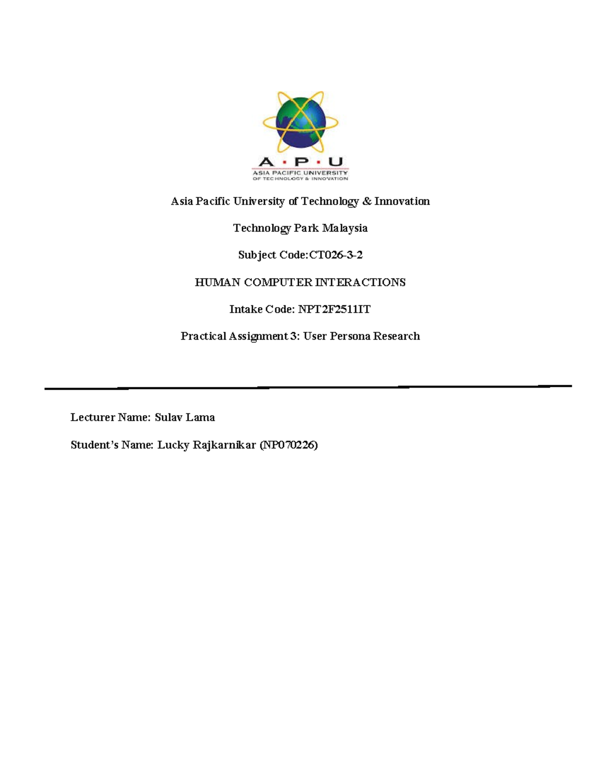 HUMAN COMPUTER INTERACTIONS NPT2F2511IT Practical Assignment 4: User ...