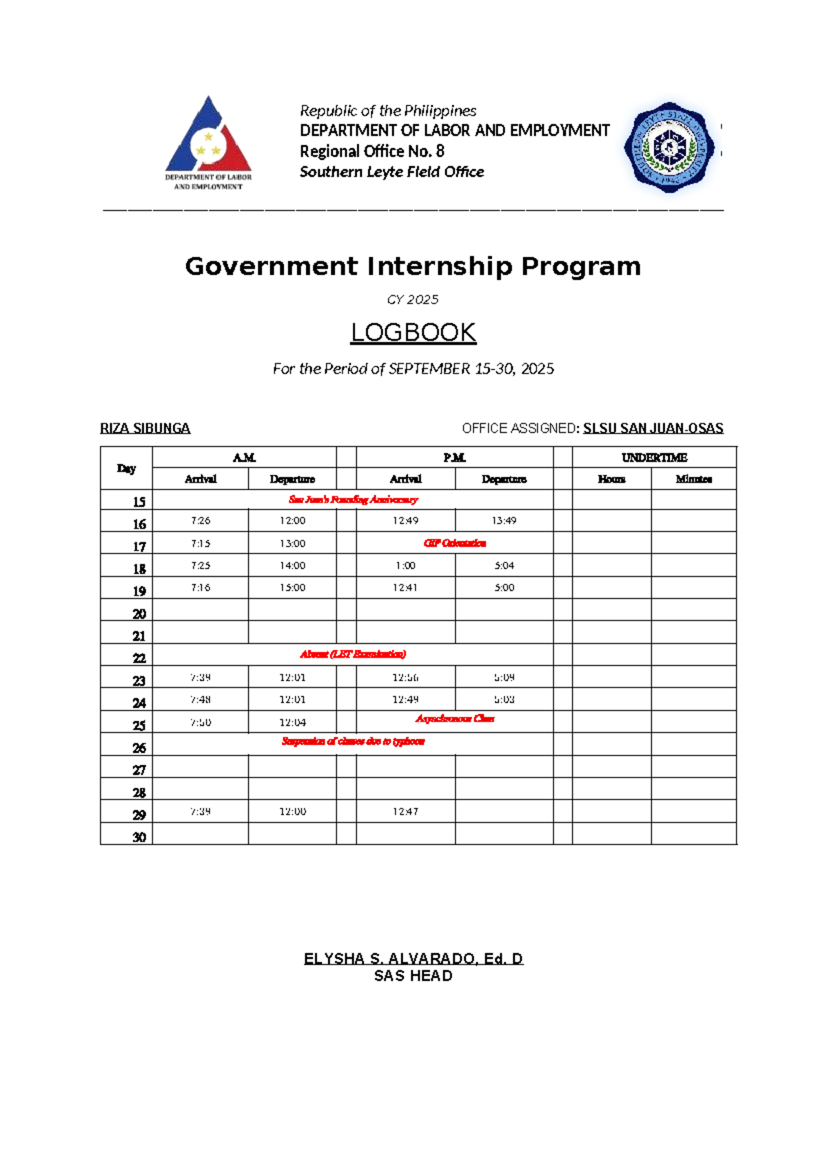 GIP Logbook for September 2025 - Southern Leyte Field Office - Studocu