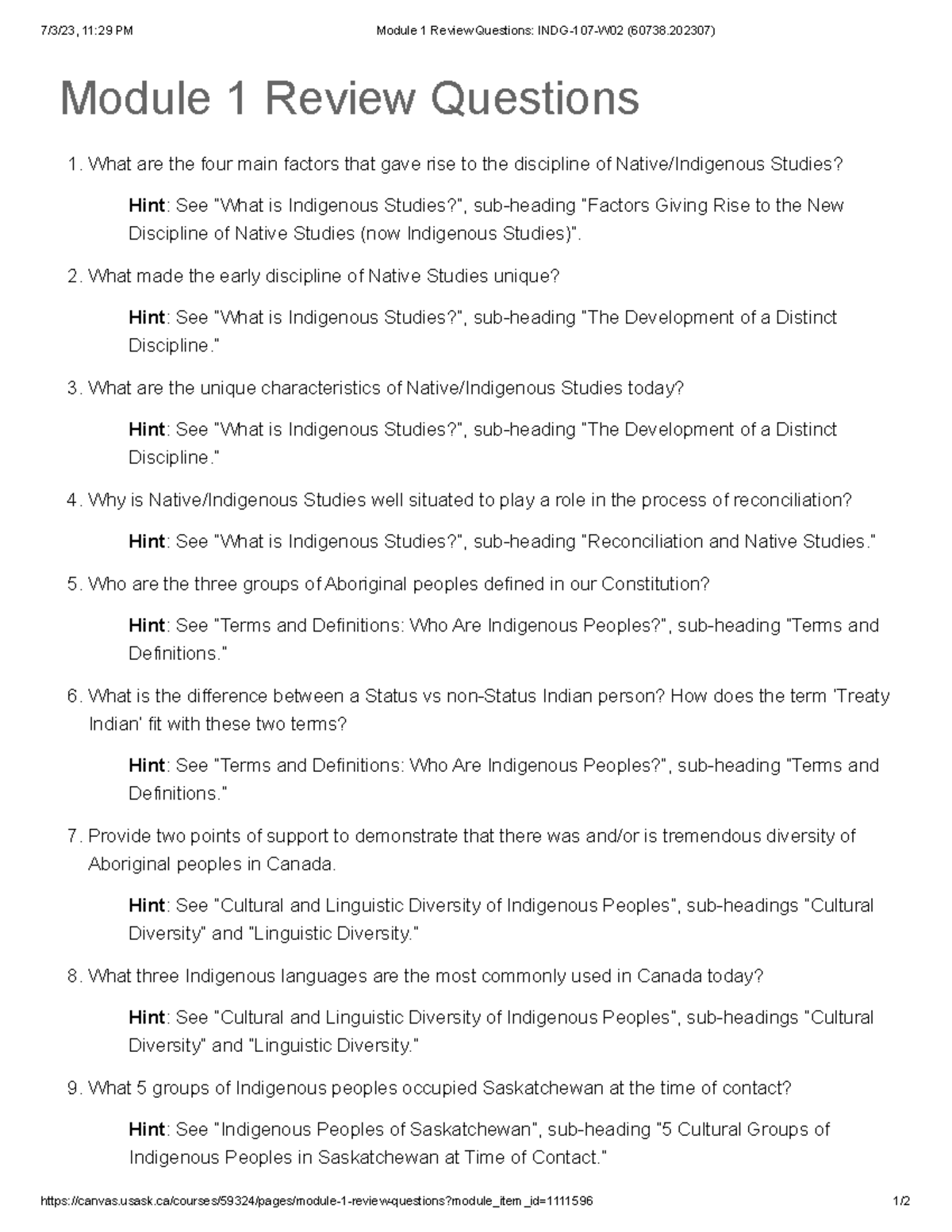Module 1 Review Questions for INDG-107-W02 (60738) - Studocu