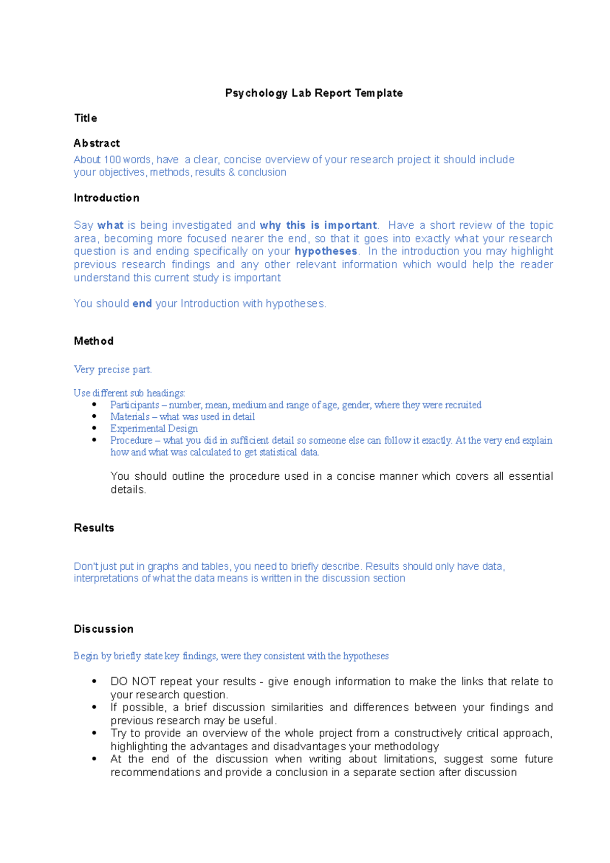 Template for Lab Report - Psychology Lab Report Template Title Abstract ...