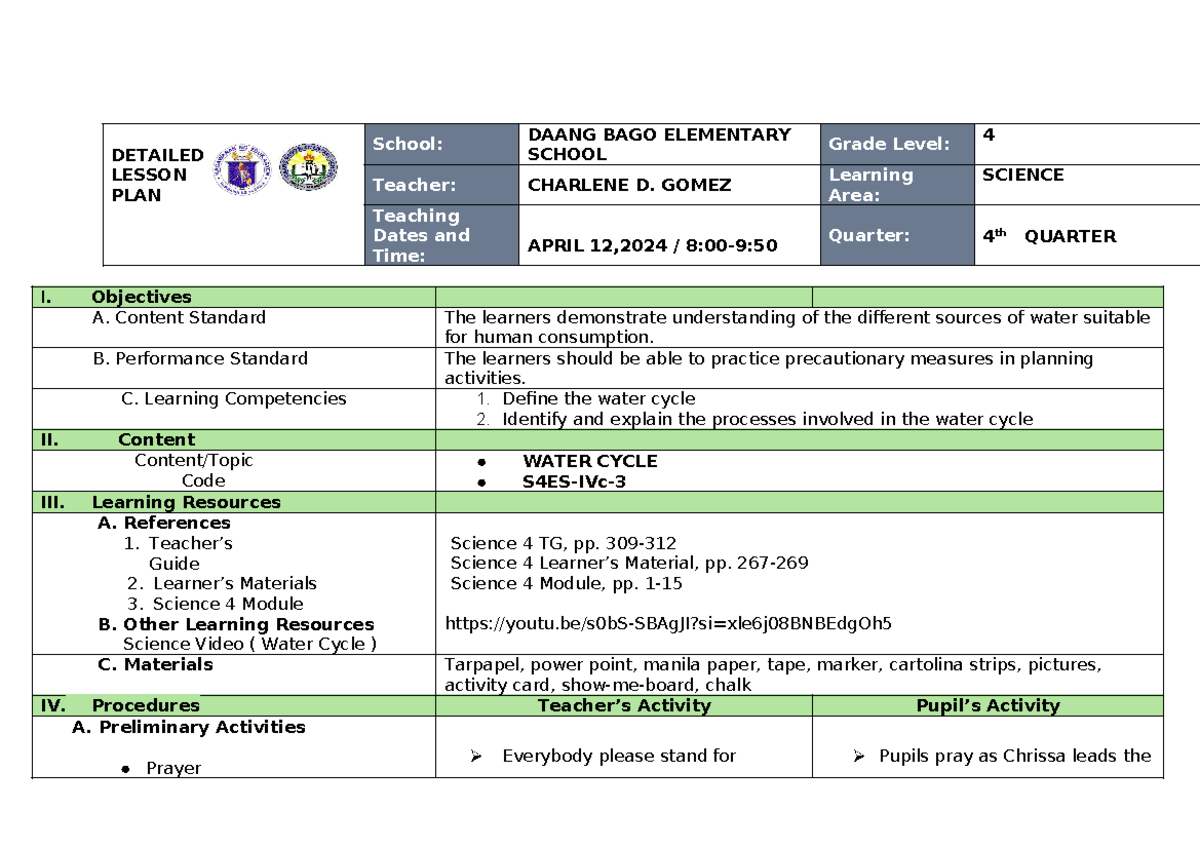 Science 4 Detailed Lesson Plan: Water Cycle (DEMO LP 23-24) - Studocu