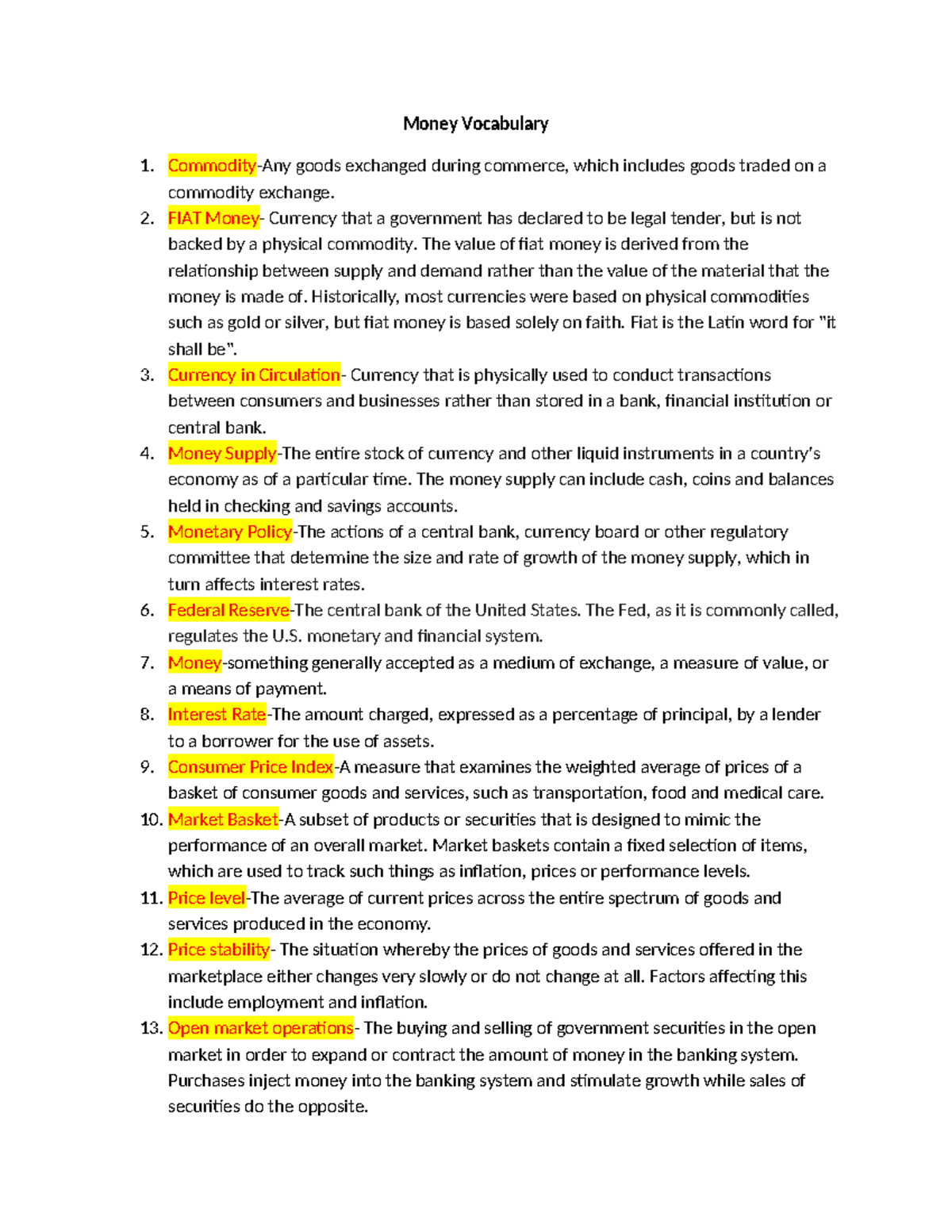 Money Vocabulary 1: Key Terms in Economics and Finance - Studocu