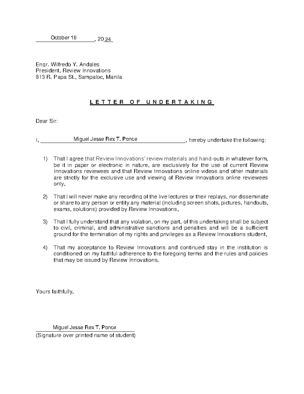 REVIEW INNOVATIONS: 10 Years Design Letter of Undertaking - Studocu