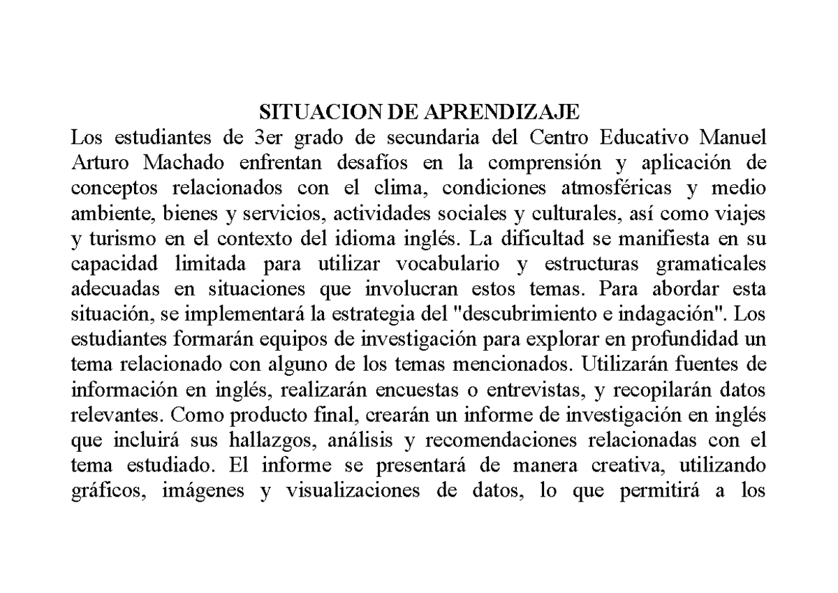 3ERO. Situación de Aprendizaje en Inglés: Clima y Medio Ambiente - Studocu