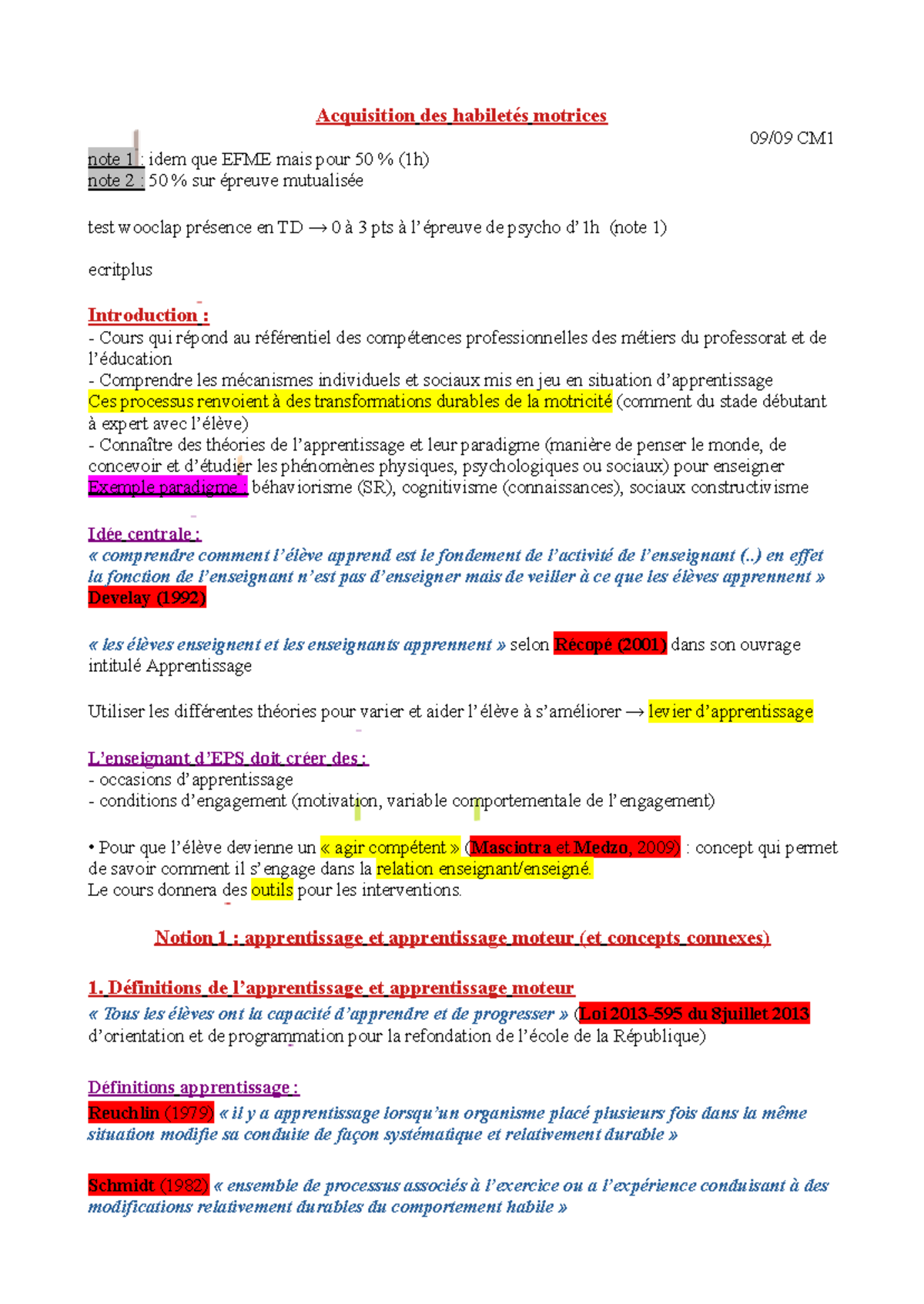 Acquisition des Habiletés Motrices en CM1 : Cours et Évaluations - Studocu