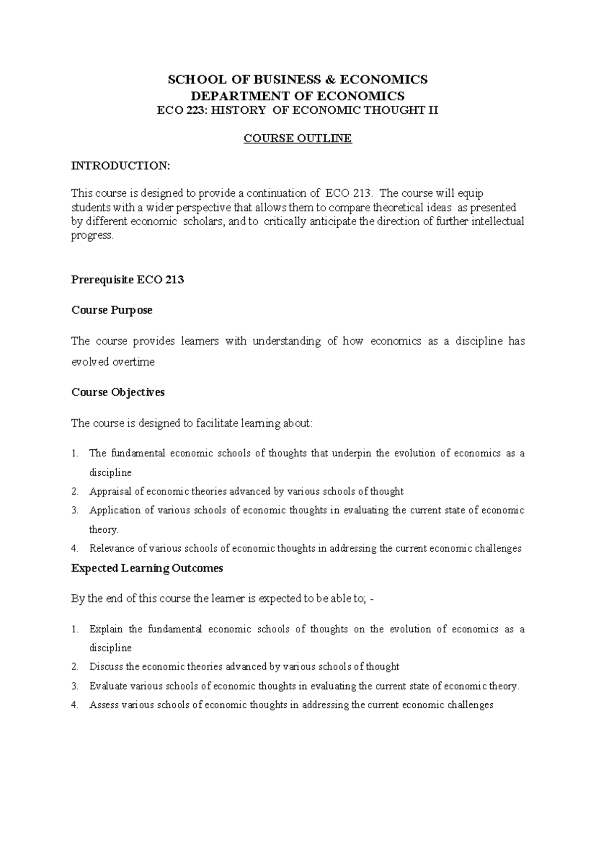 ECO 223: History of Economic Thought II Course Outline - Studocu