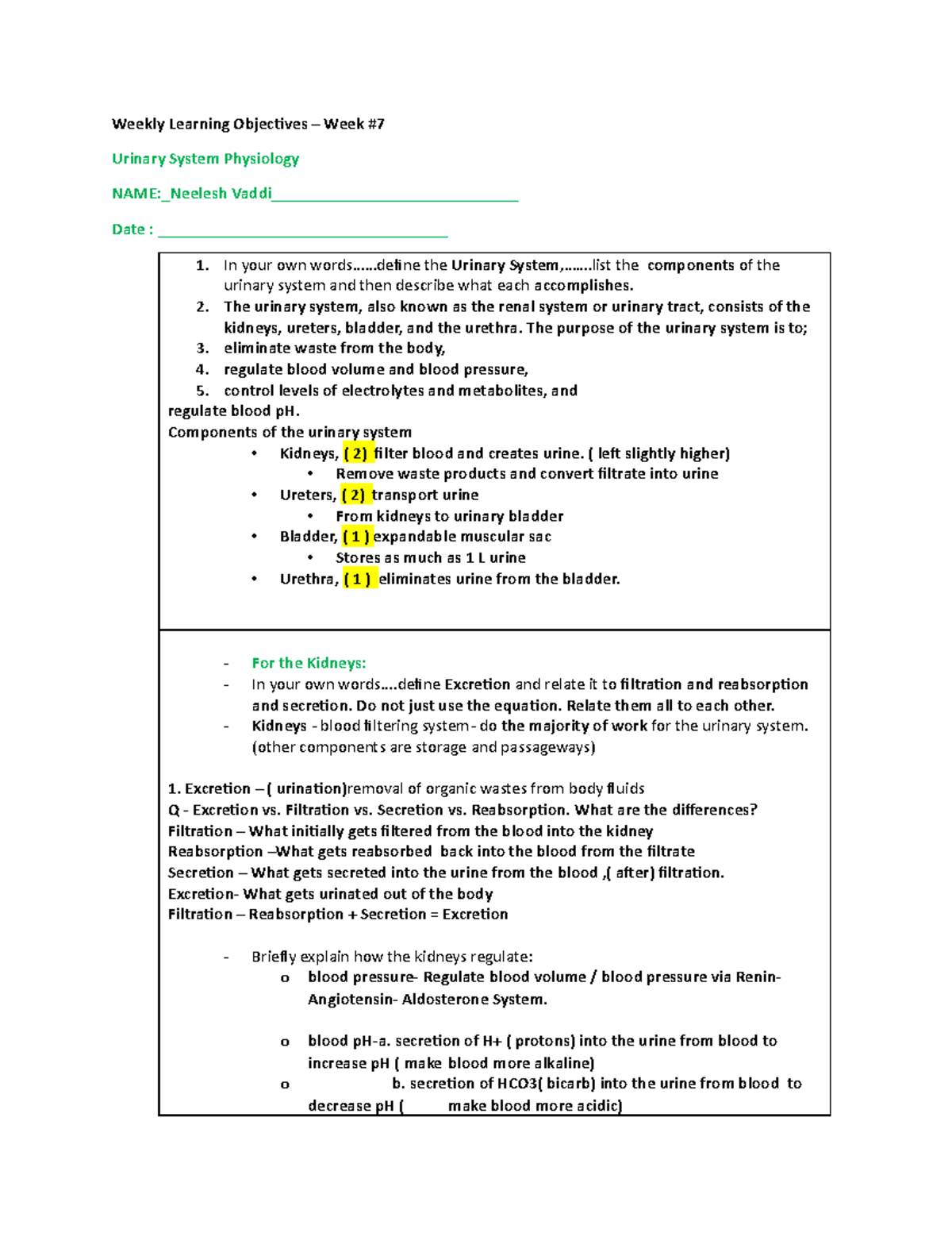 Week #7 - Learning Objectives - Urinary System - Weekly Learning ...