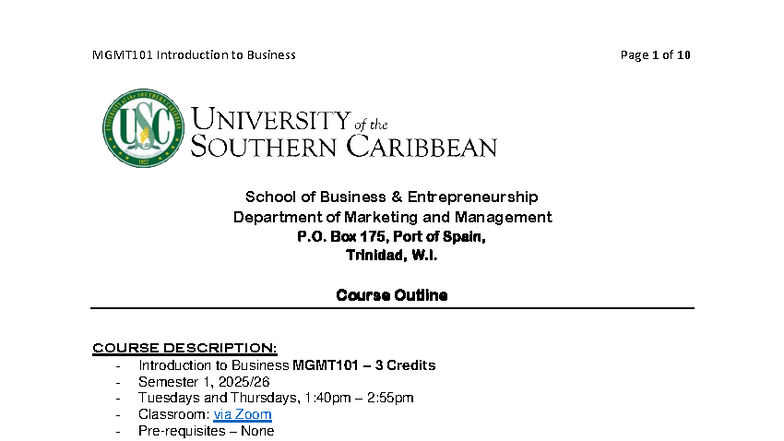 MGMT101 Introduction to Business Course Outline - Semester 1 - Studocu