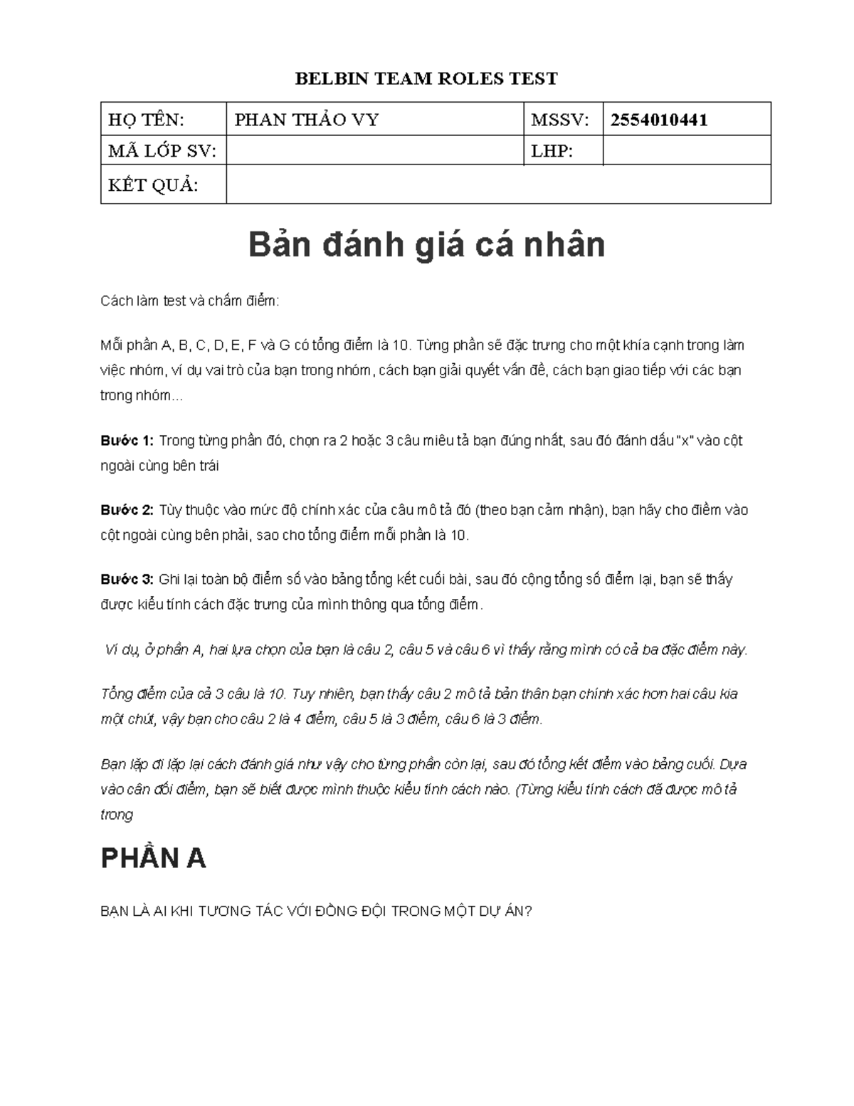 KTV Belbin Team Roles Test - Phân Tích Kết Quả và Đánh Giá - Studocu