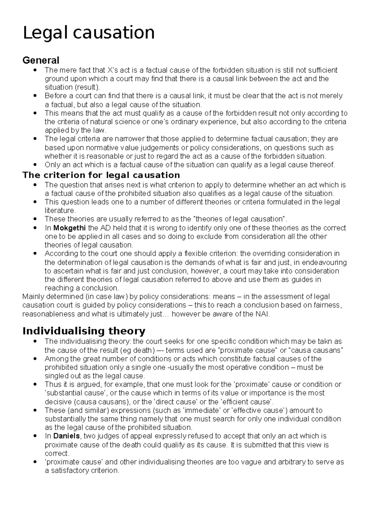 Legal Causation: Theories & Criteria in Law (Course Code: LAW101) - Studocu