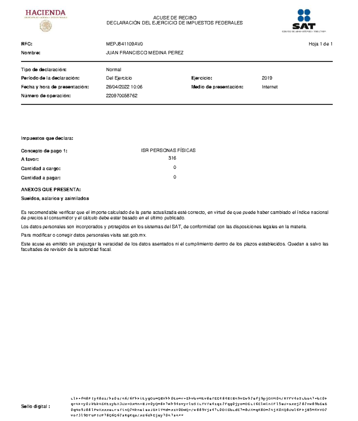 ACUSE DE RECIBO DECLARACIÓN IMPUESTOS FEDERALES RFC: MEPJ841109AV0 ...