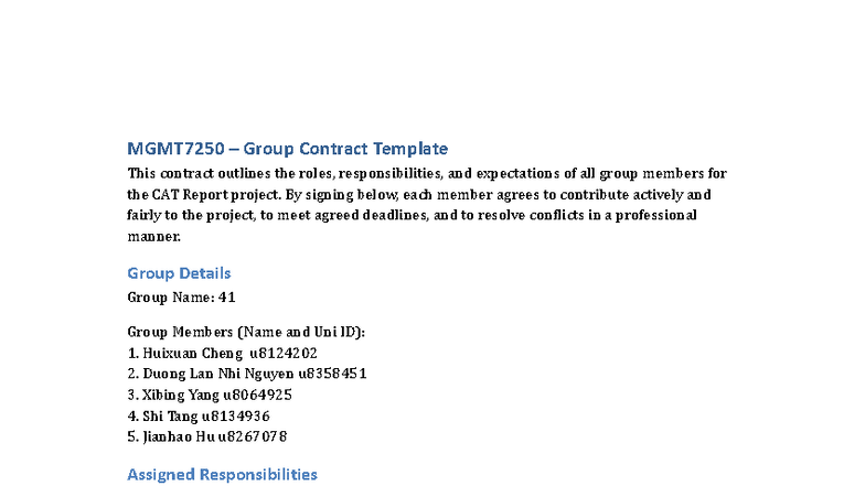 MGMT7250 Group Contract Template for CAT Report Project 2025 - Studocu