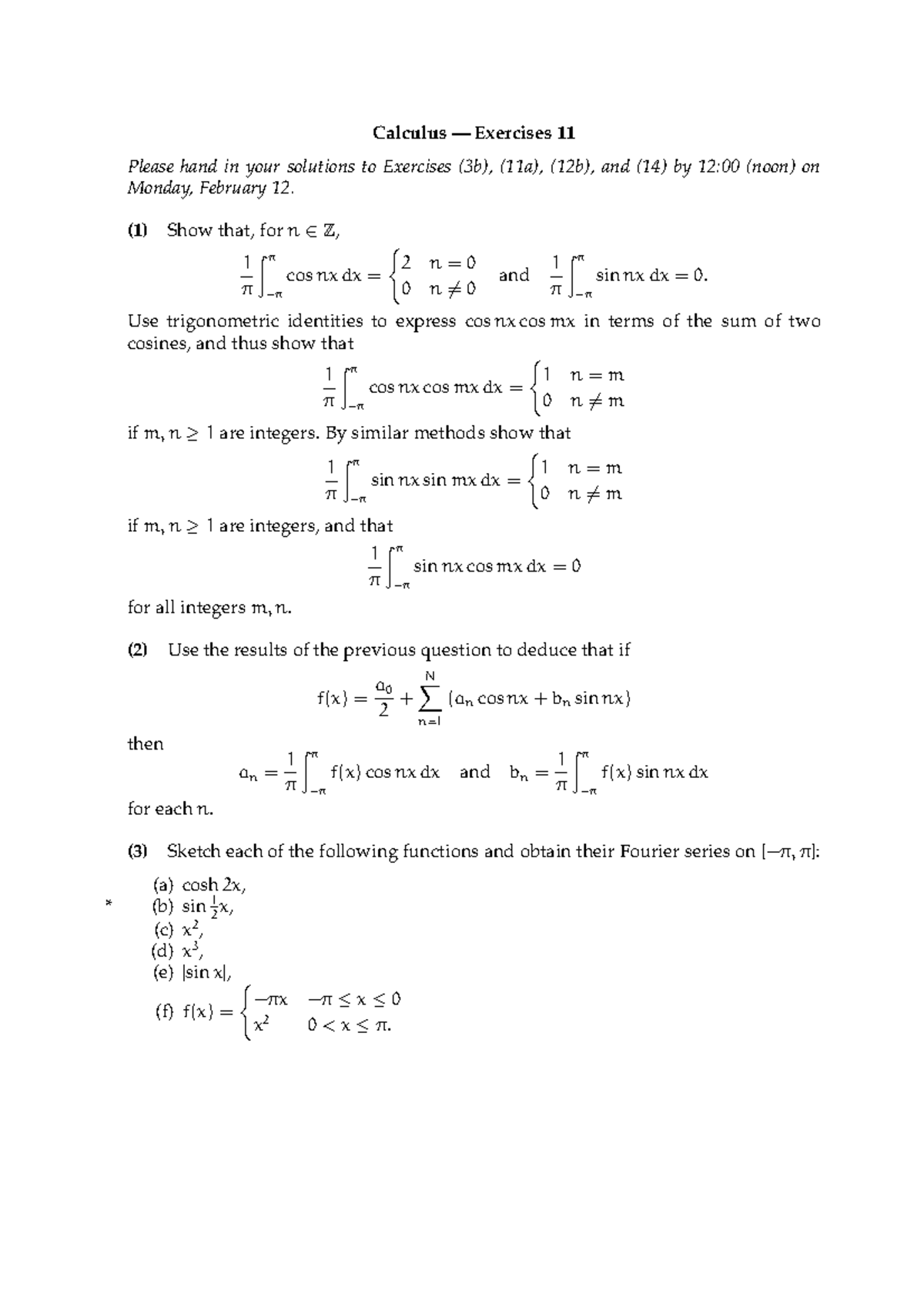 Question sheet for assessment 11 of the calculus module - Calculus ...