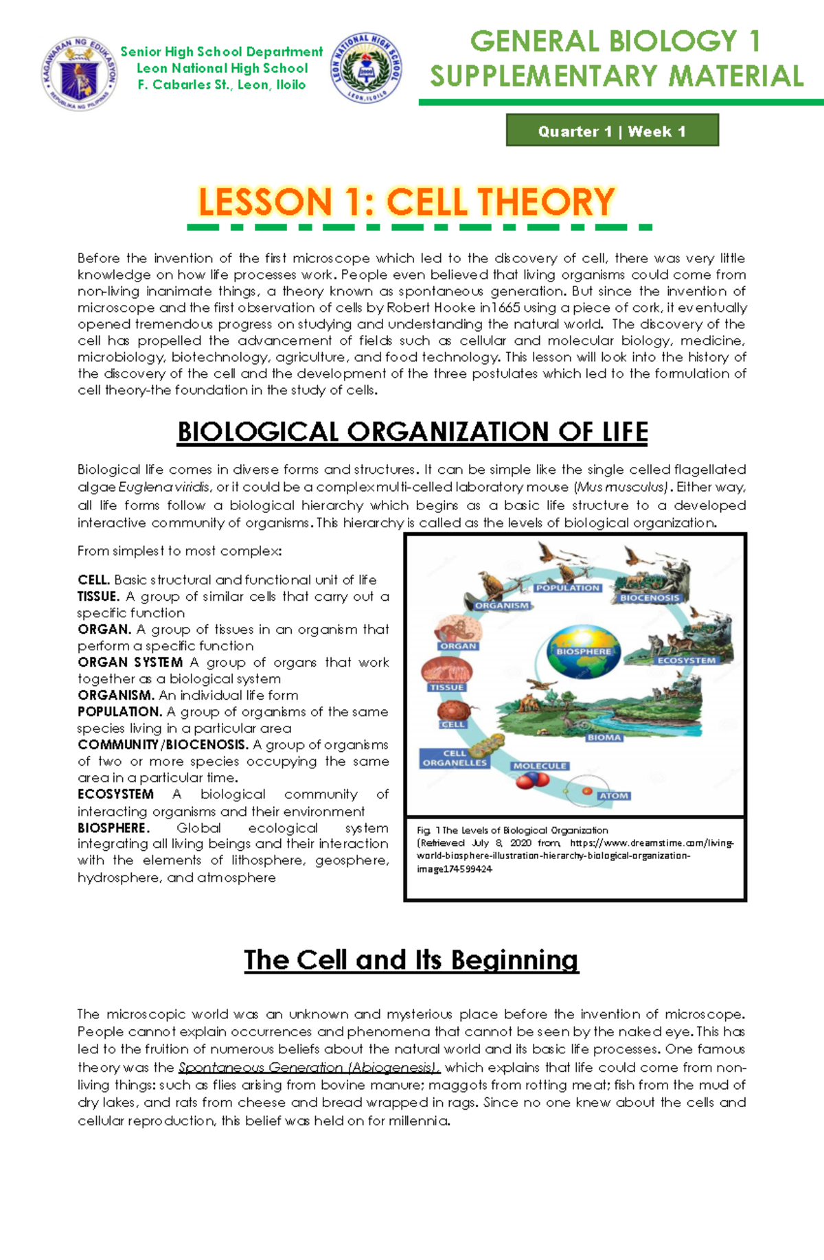 General Biology 1: Lesson 1 - Introduction to Cell Theory - Studocu