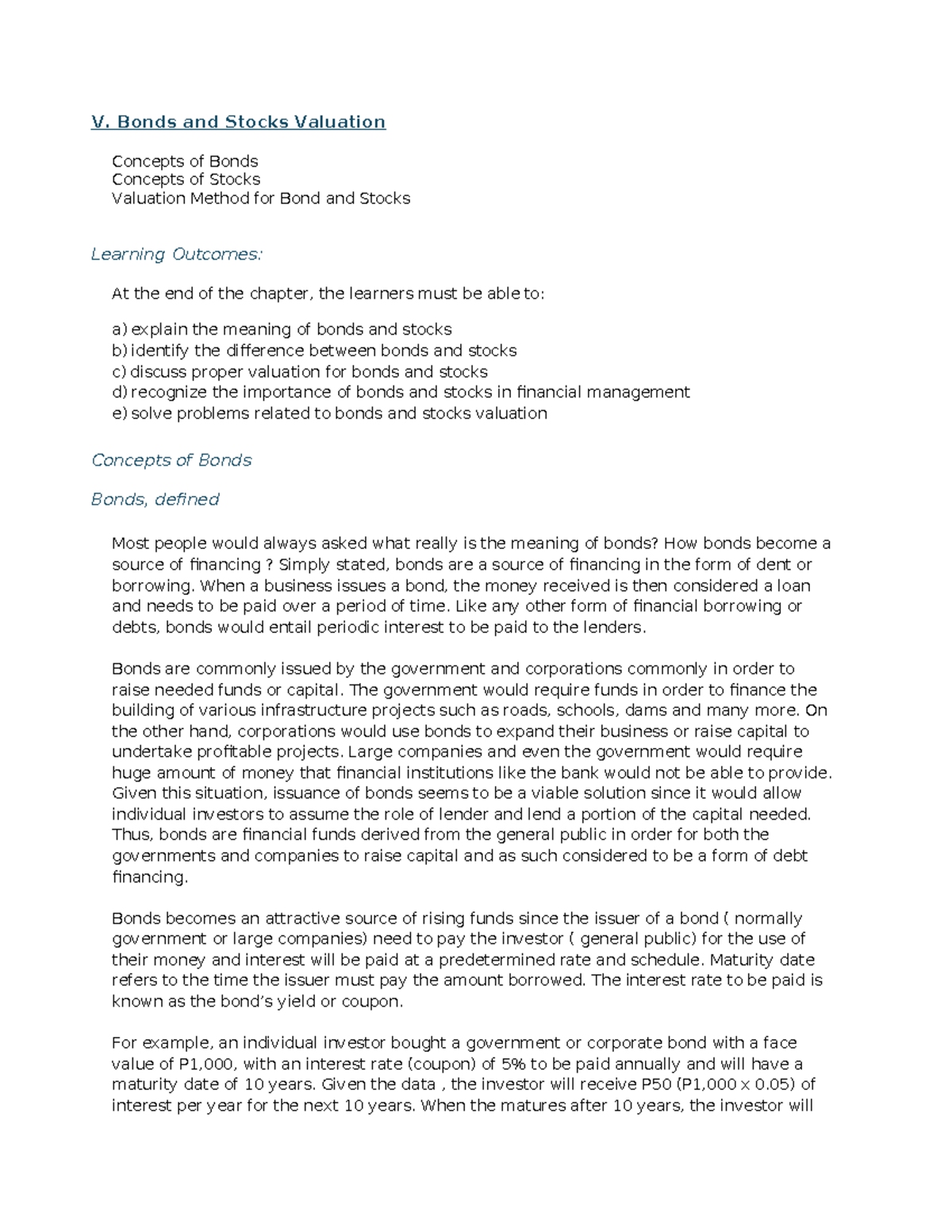 BONDS and STOCKS VALUATION: Concepts and Methods (FIN 101) - Studocu