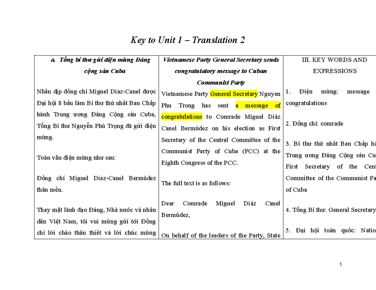 Key to Unit 1: Vietnamese Party General Secretary's Messages - Studocu