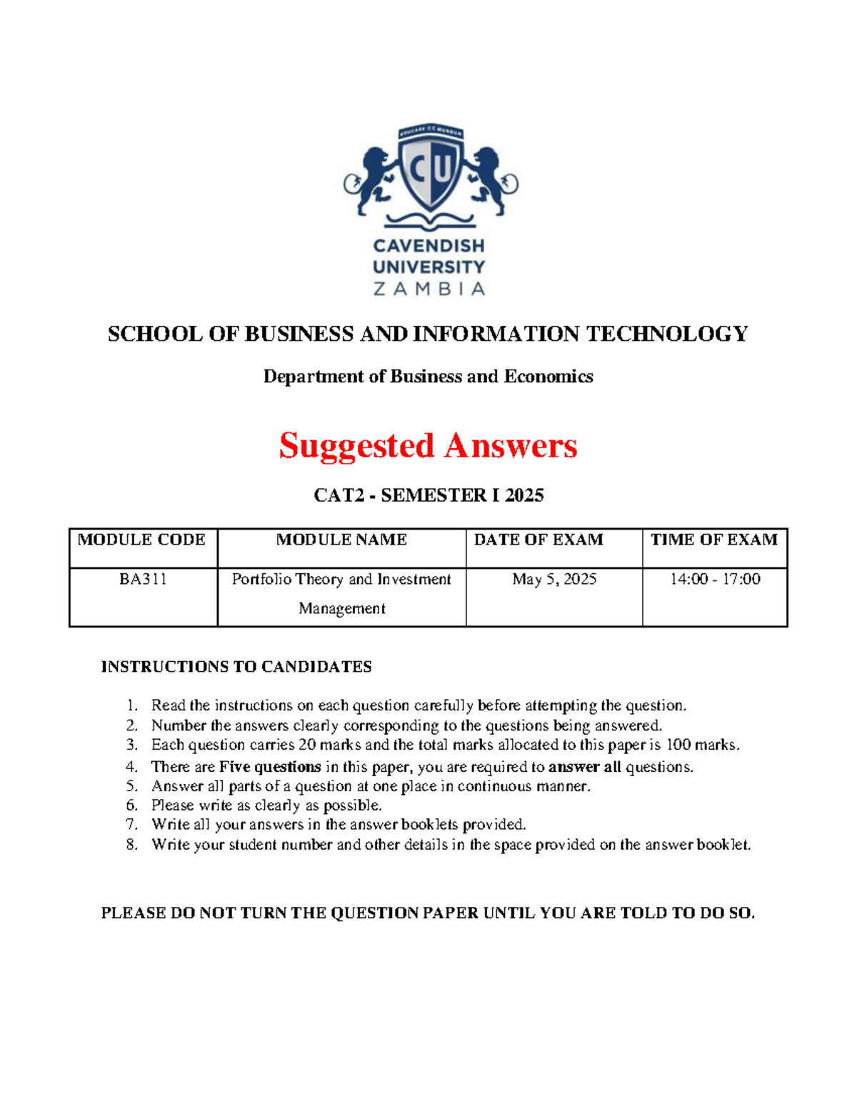 BA311 CAT2 Suggested Answers for Portfolio Theory & Investment - Studocu