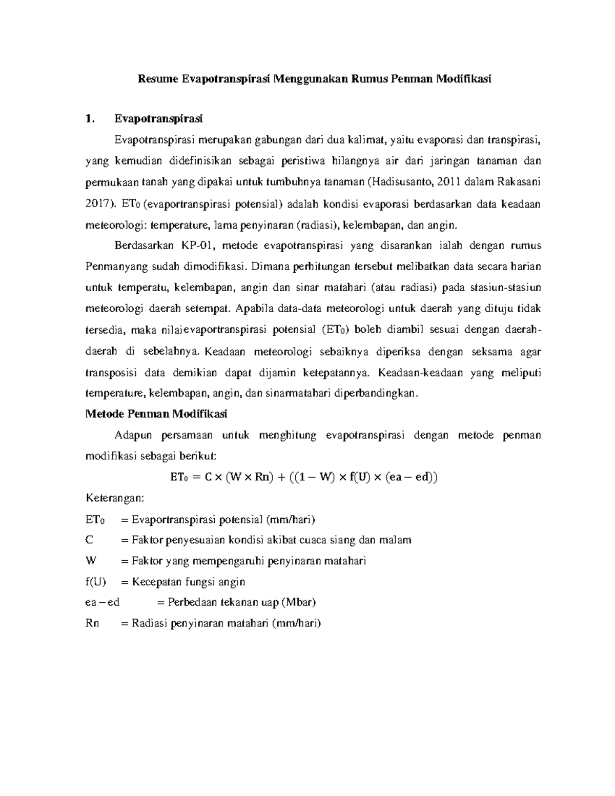 Resume Evapotranspirasi dengan Metode Penman Modifikasi - Studocu