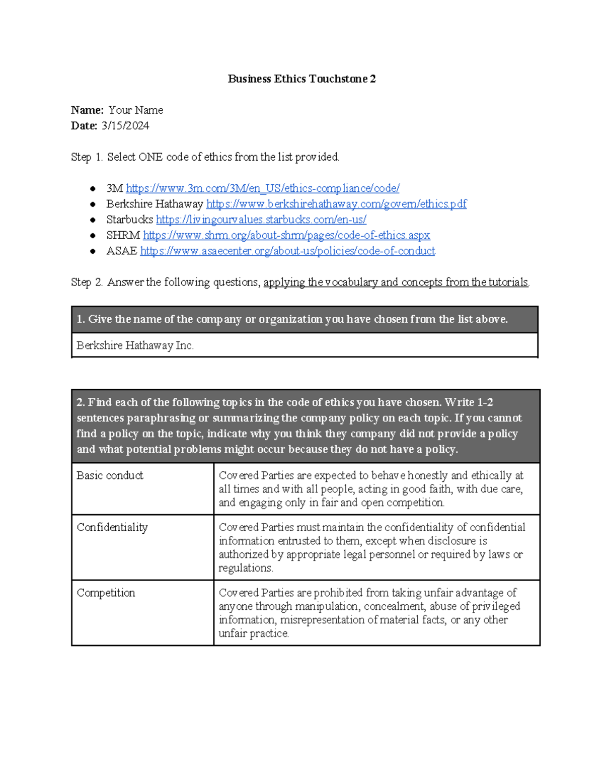 Business Ethics Touchstone 2: Berkshire Hathaway Analysis - Studocu
