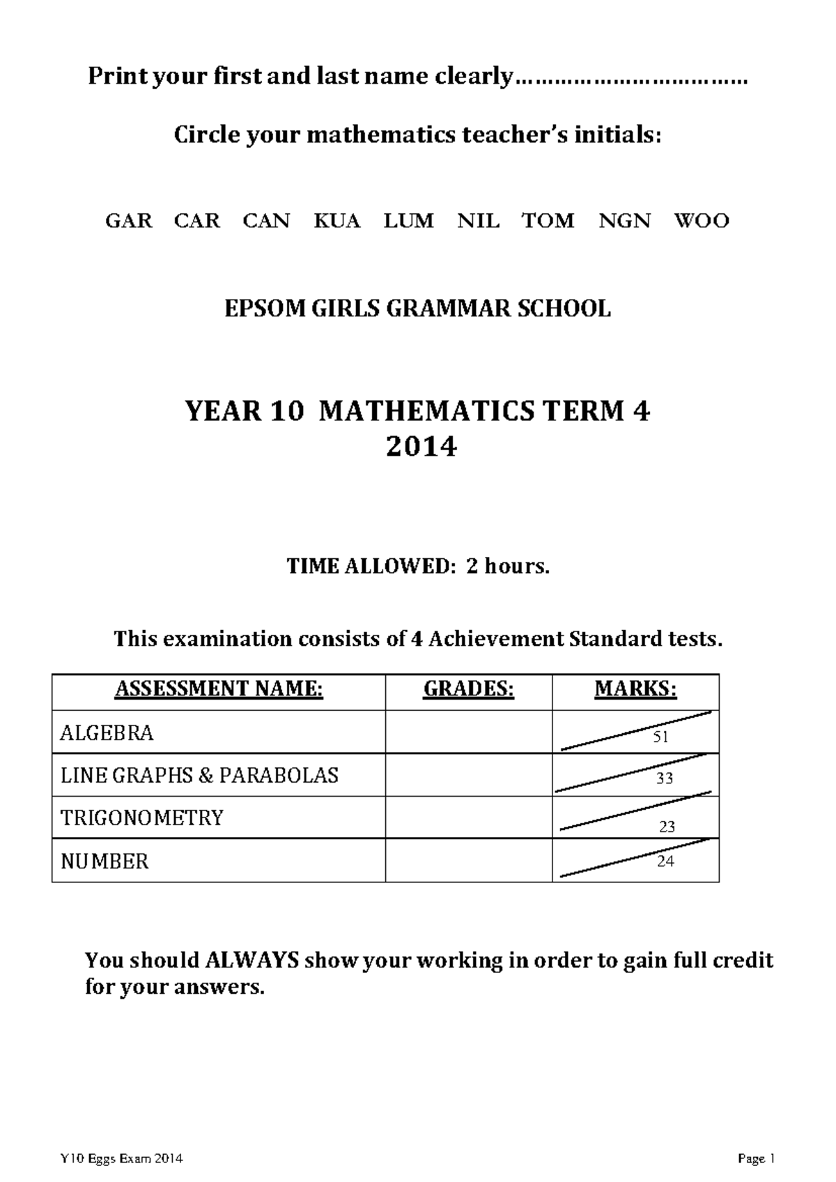 Y10 Mathematics Exam 2014 - Test Schedule and Guidelines - Studocu