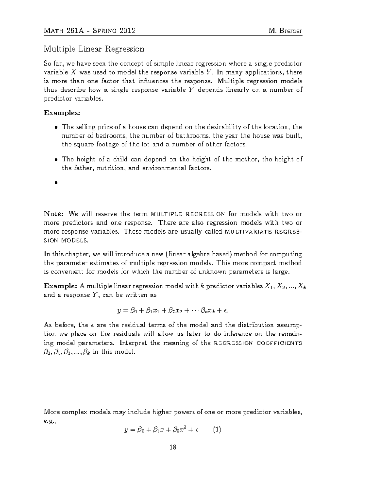 Math 261A Spring 2012 M. Bremer Multiple Linear Regression Notes - Studocu