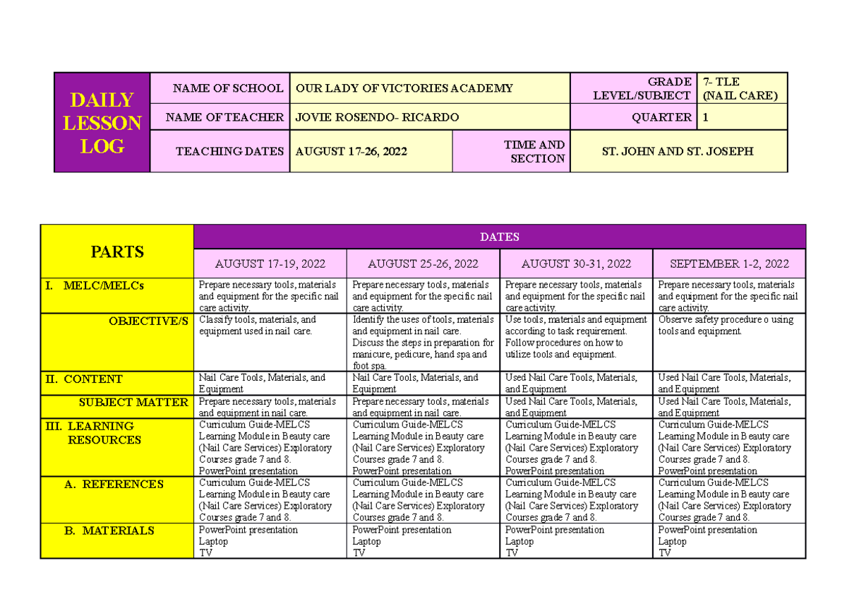 Daily Lesson Log (DLL) for Nail Care - Grade 7 TLE - Studocu