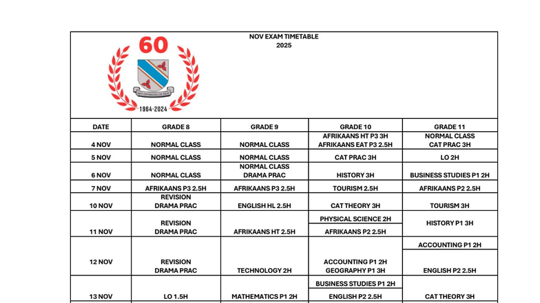 NOV 2025 Exam Timetable for Grades 8-11 - Studocu