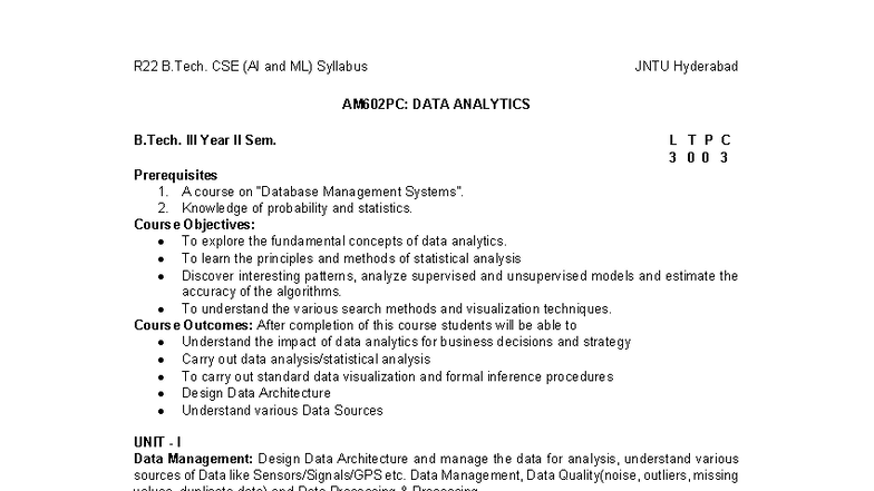 R22 B.Tech. CSE (AI & ML) AM602PC: Data Analytics Syllabus - Studocu