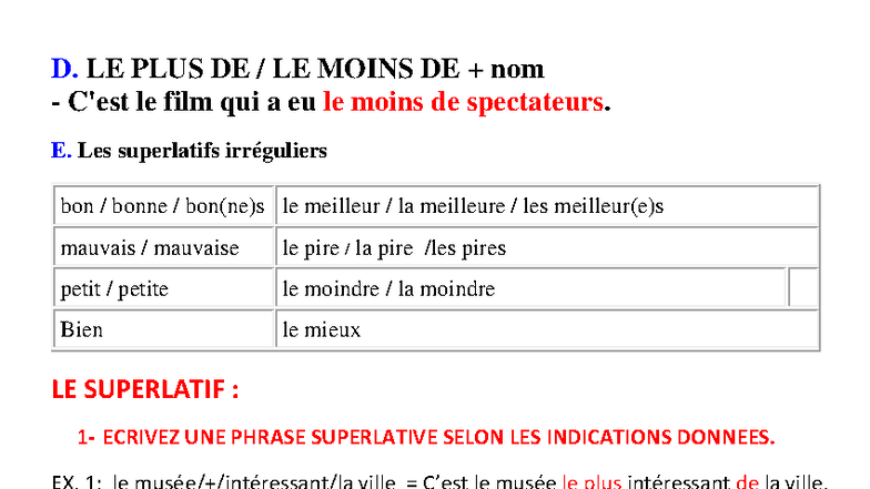 627799101 Exercices Superlatifs 2 JIOG - D. LE PLUS DE / LE MOINS DE ...