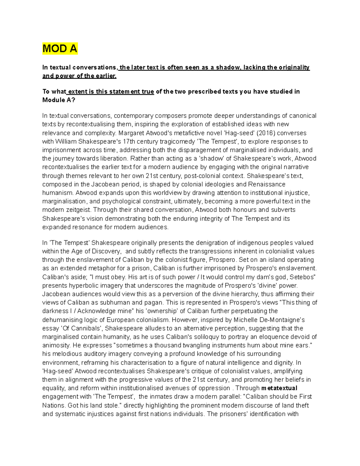 Tempest/Hag-seed Essay Analysis - Module A - Studocu