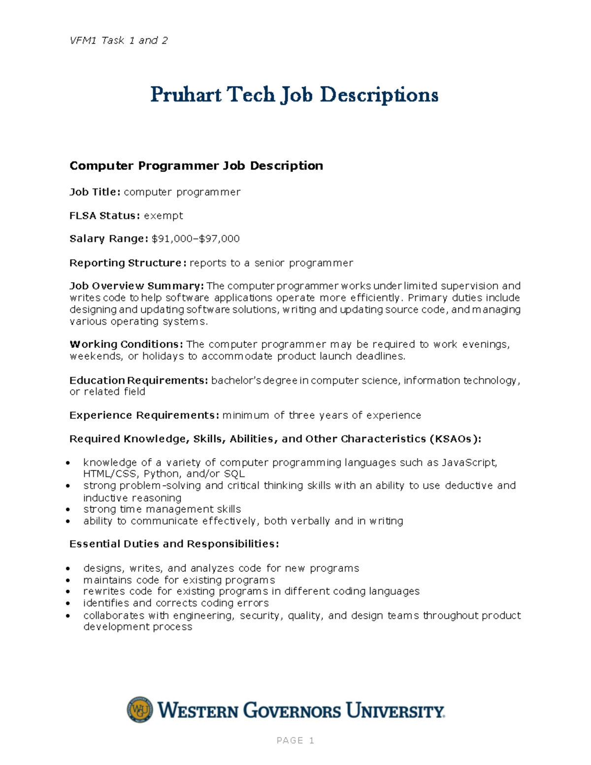 VFM1 Pruhart Tech Job Descriptions Final Report for Tasks 1 and 2 - Studocu