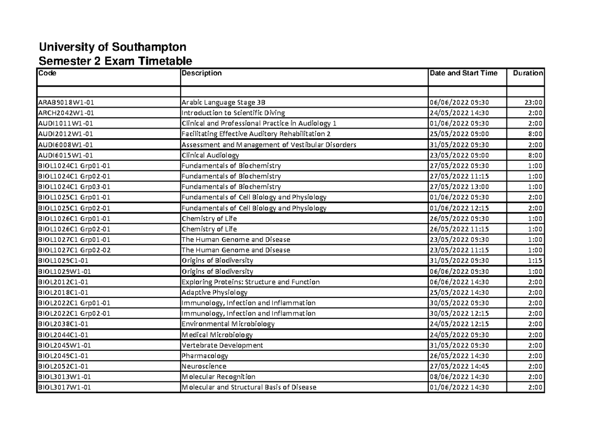 University of Southampton Semester 2 Exam Timetable for 2022 - Studocu