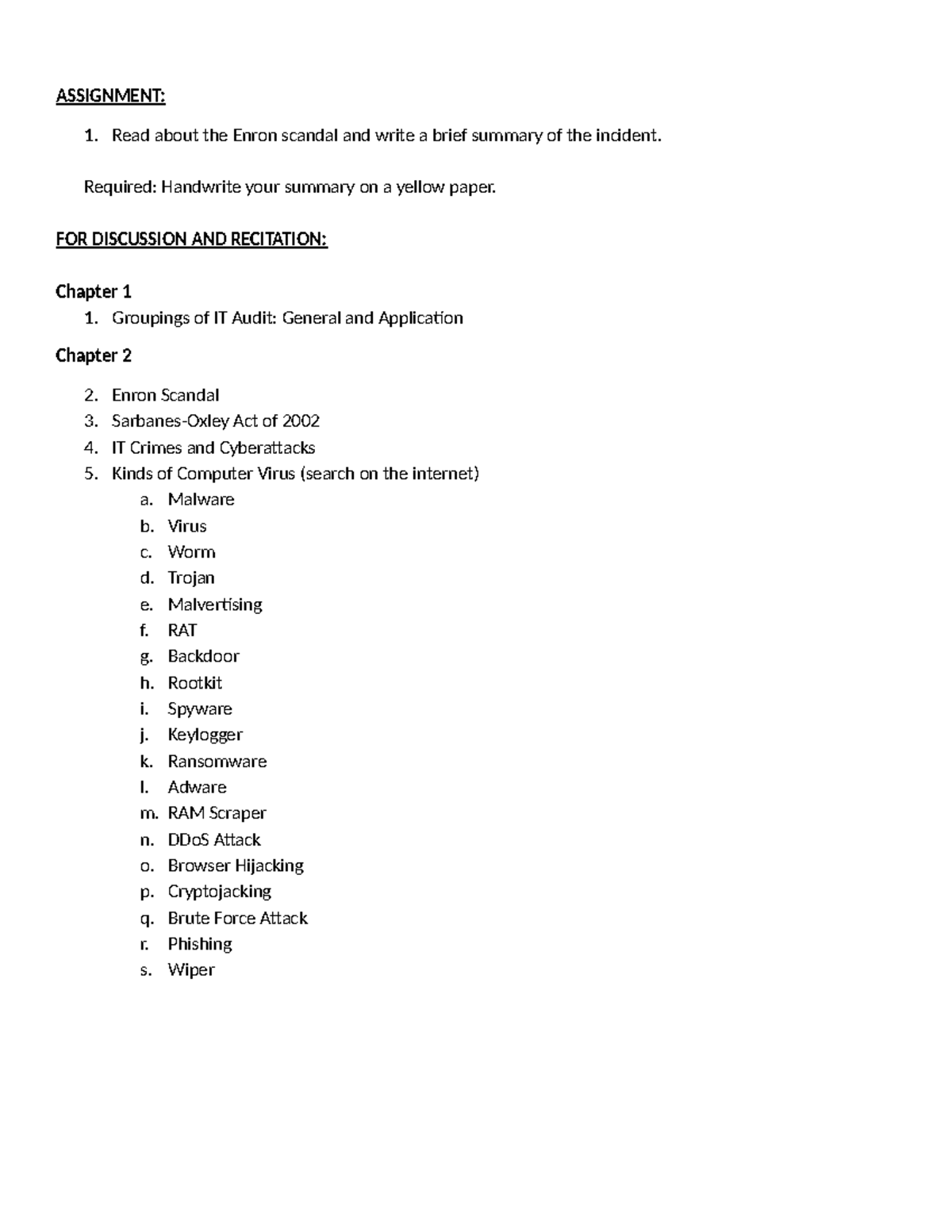 CIS Assignment and Recit - ASSIGNMENT: Read about the Enron scandal and write a brief summary of ...