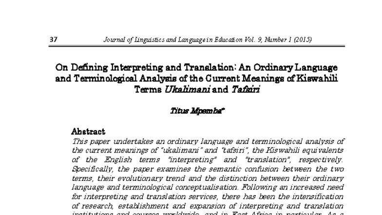 On Defining Interpreting and Translation: A Kiswahili Perspective (JLLE 9(1)) - Studocu
