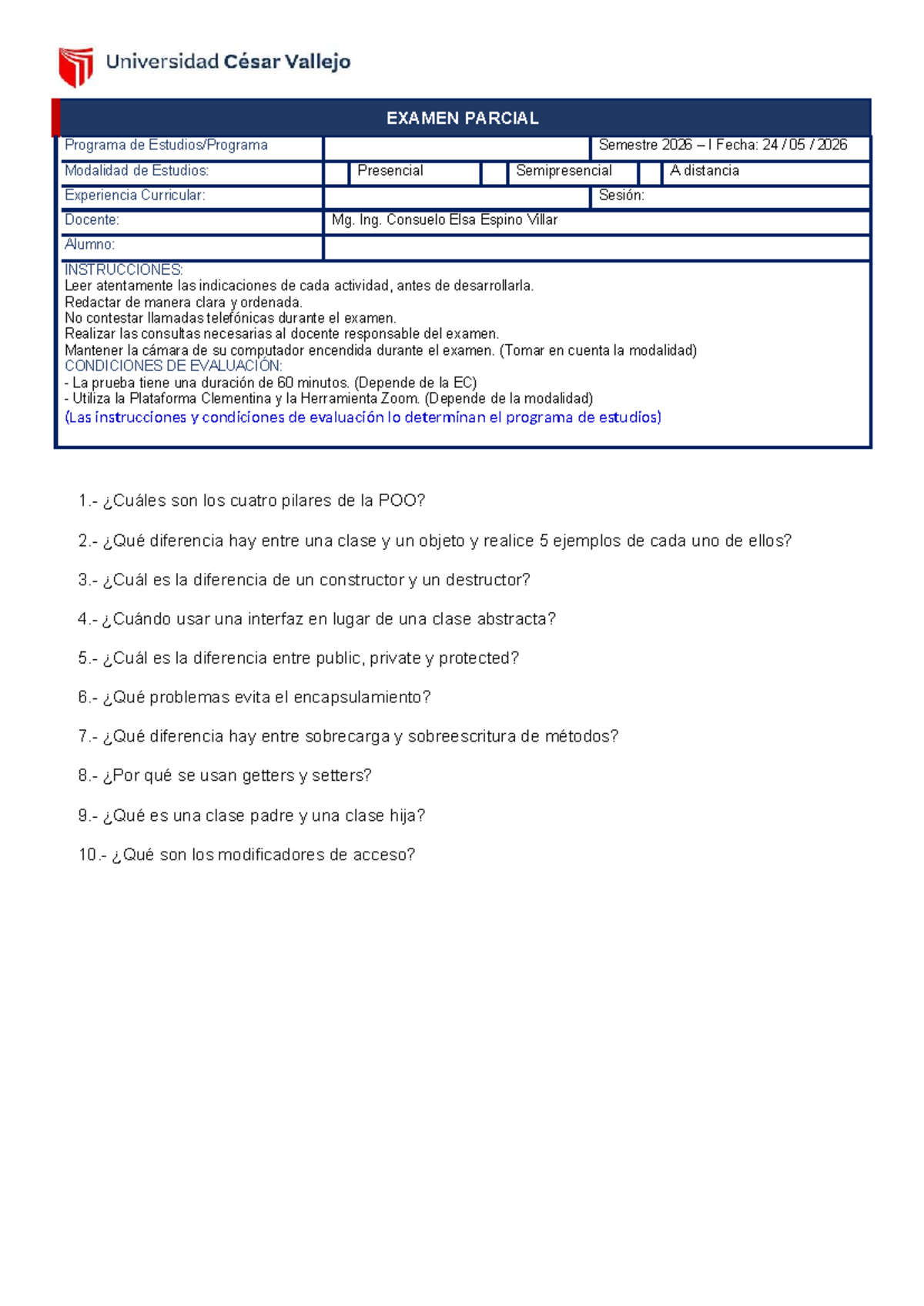 Examen Parcial 2026 I - Modalidad Presencial y A Distancia - Studocu