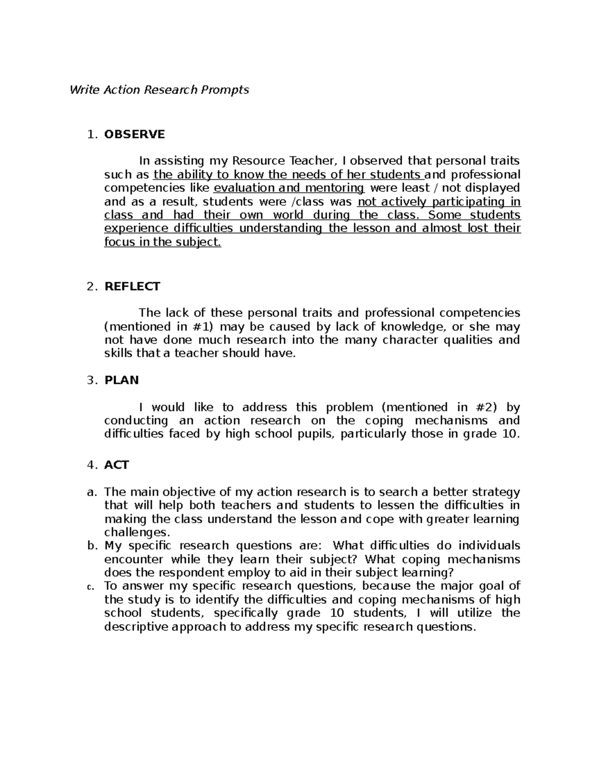 Action Research Prompts for Grade 10 Student Engagement Strategies ...
