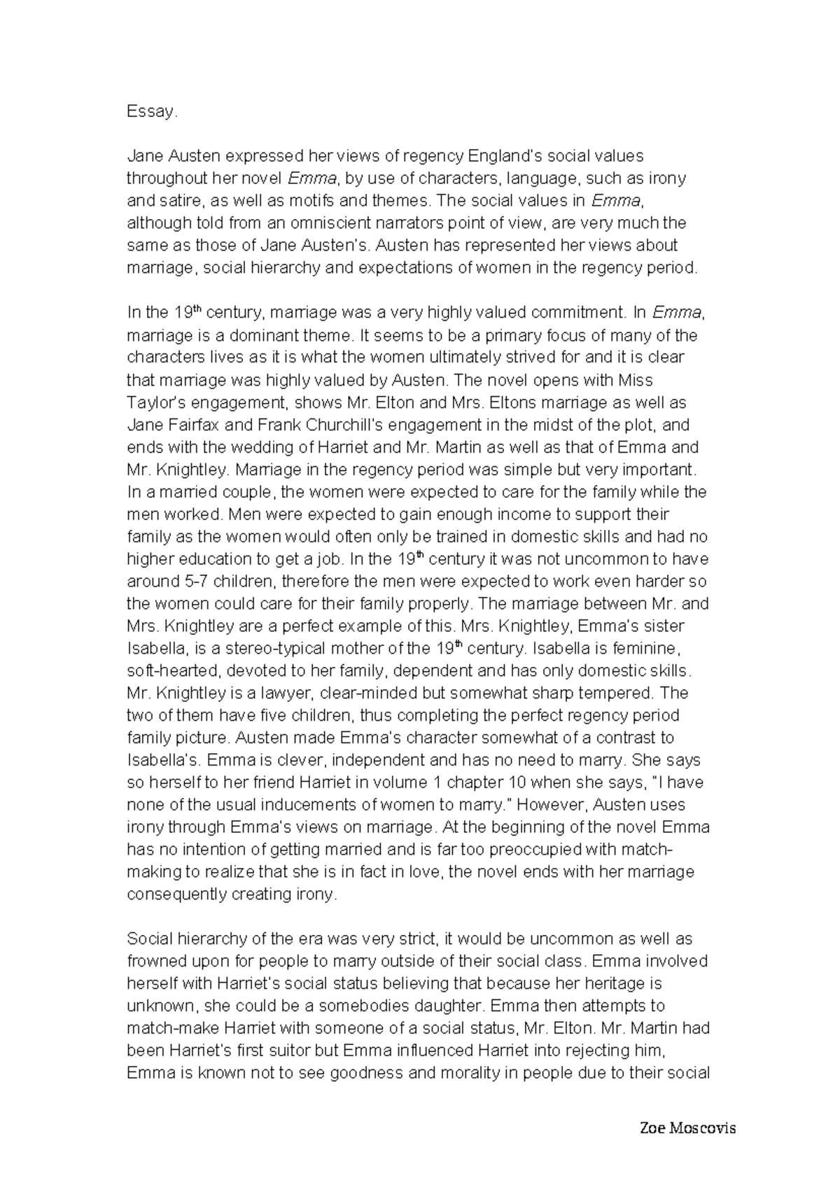 English Advanced 1411383044: Essay on Social Values in Austen's Emma ...