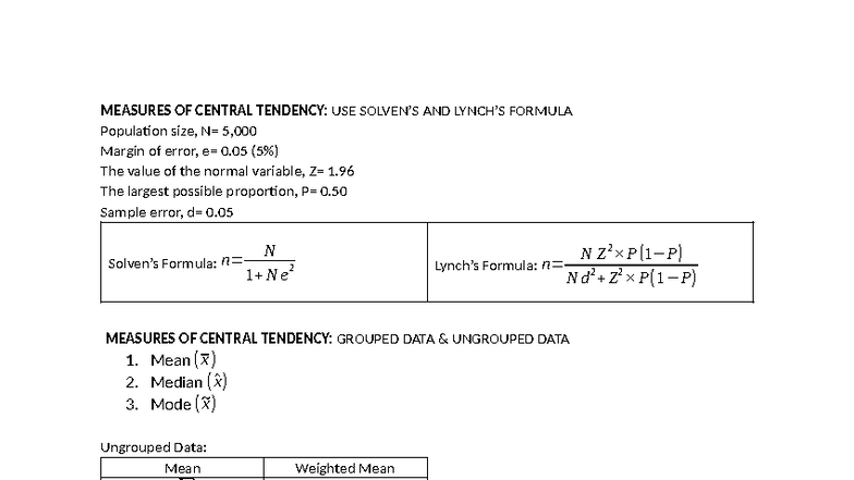 MEASURES OF CENTRAL TENDENCY: FORMULAS & EXAMPLES (STAT 101) - Studocu
