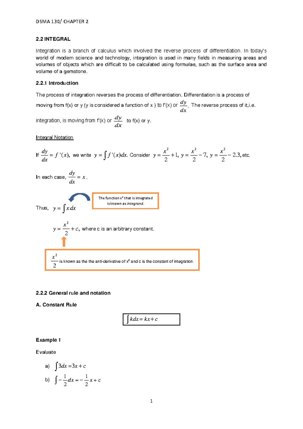 DSMA CHAPTER 2: INTEGRAL CALCULUS OVERVIEW - Studocu