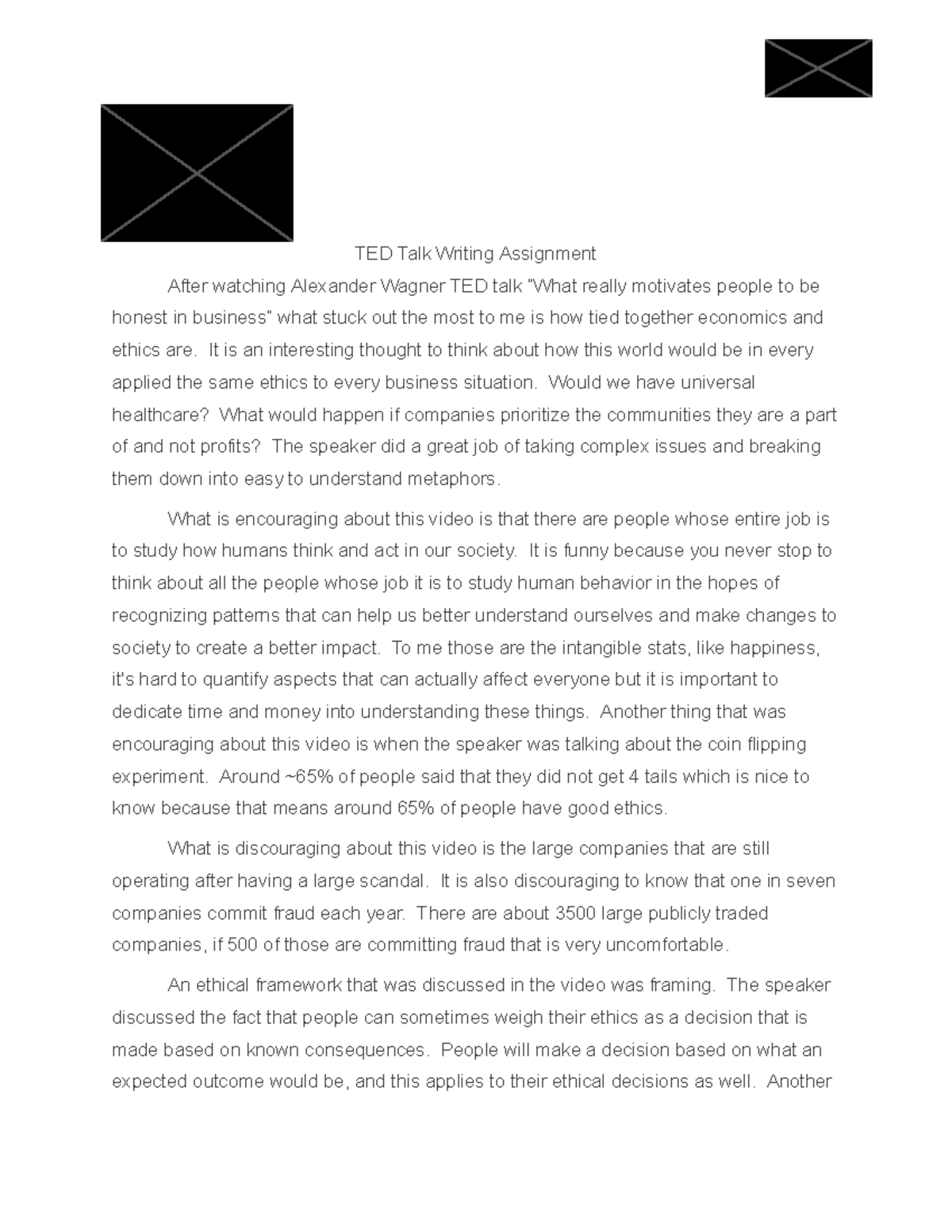 TED Talk Writing Assignment: Ethics and Economics Insights - Studocu