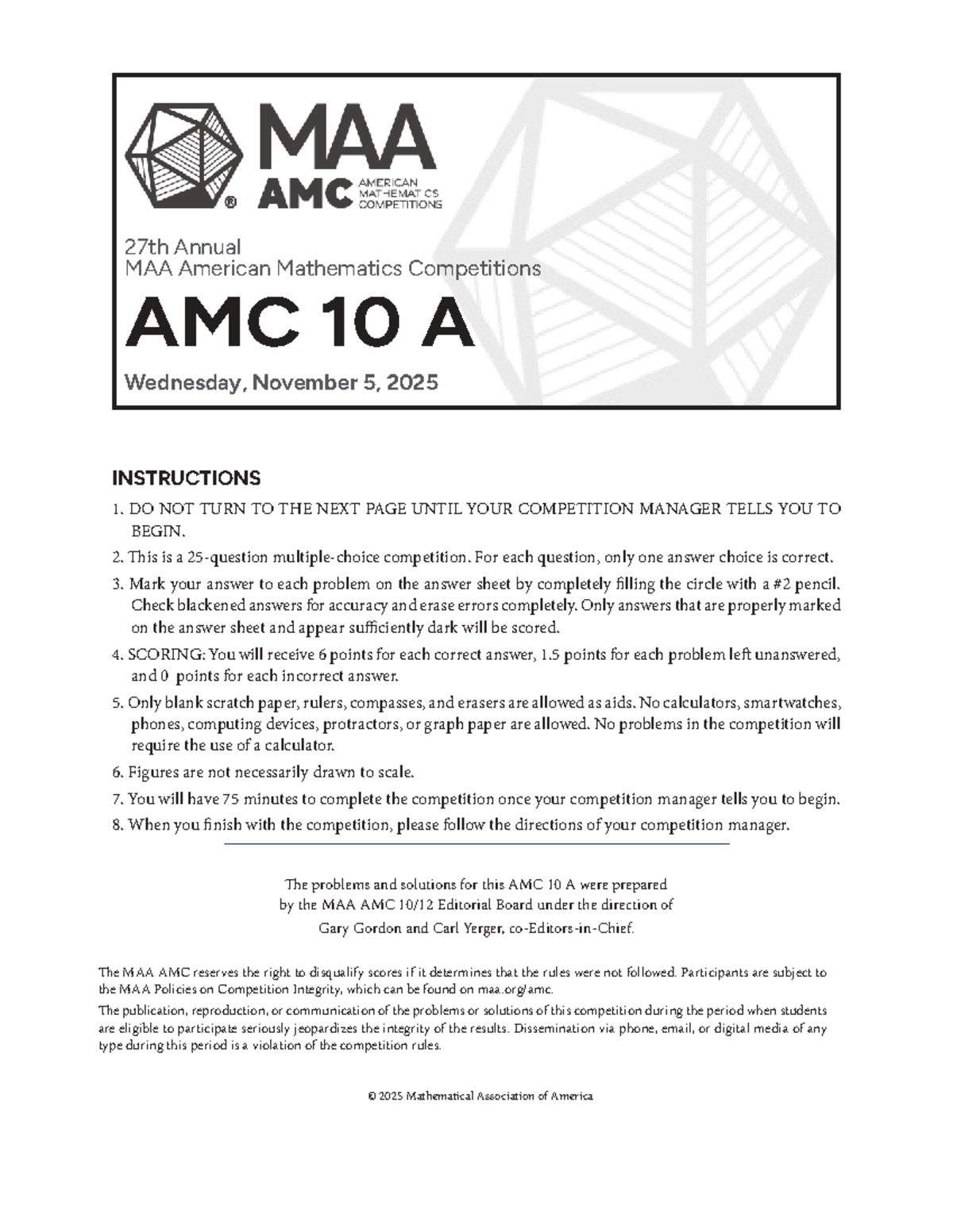 2025 AMC 10 A Competition Instructions and Problems - Studocu