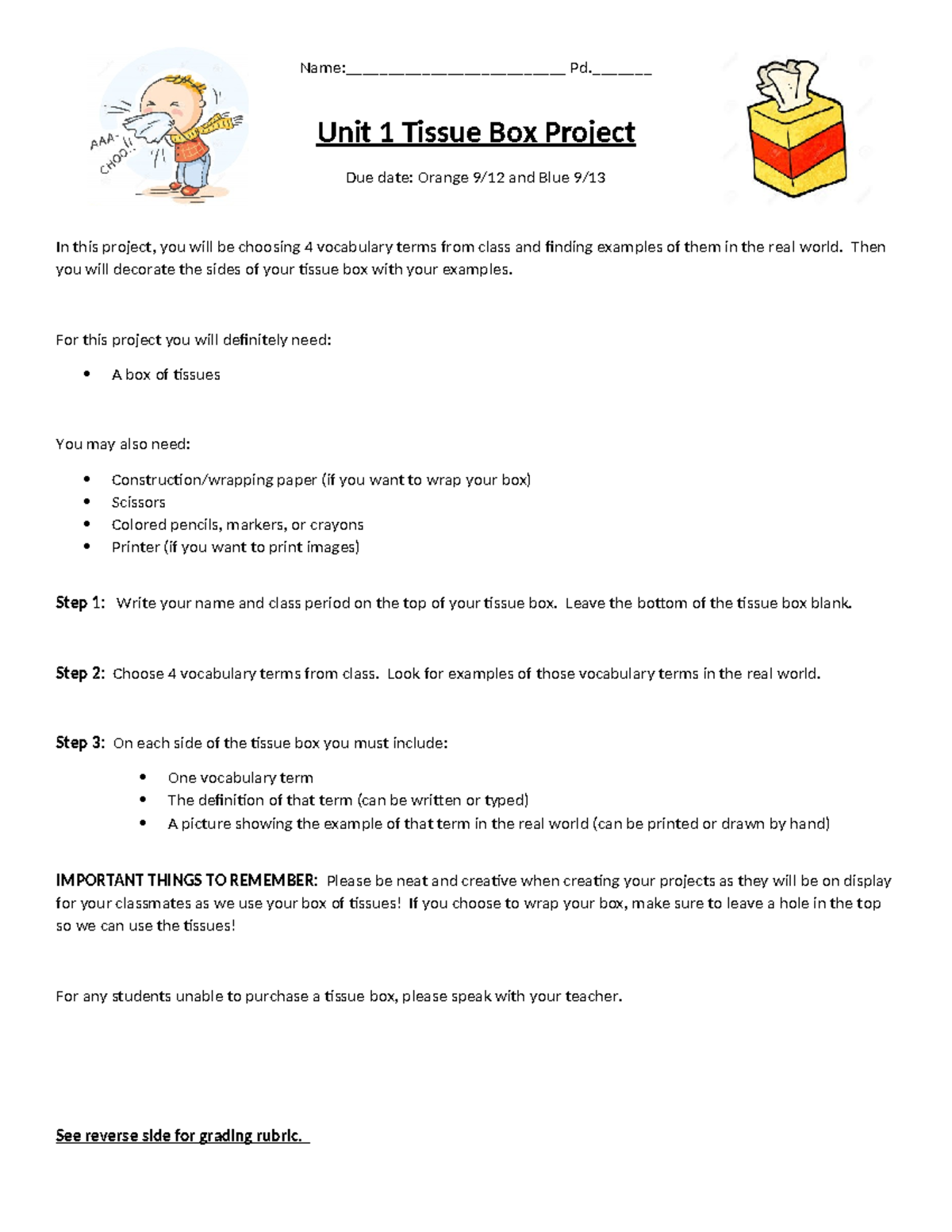 Honors Tissue Box Project - Unit 1 Vocabulary Exploration - Studocu