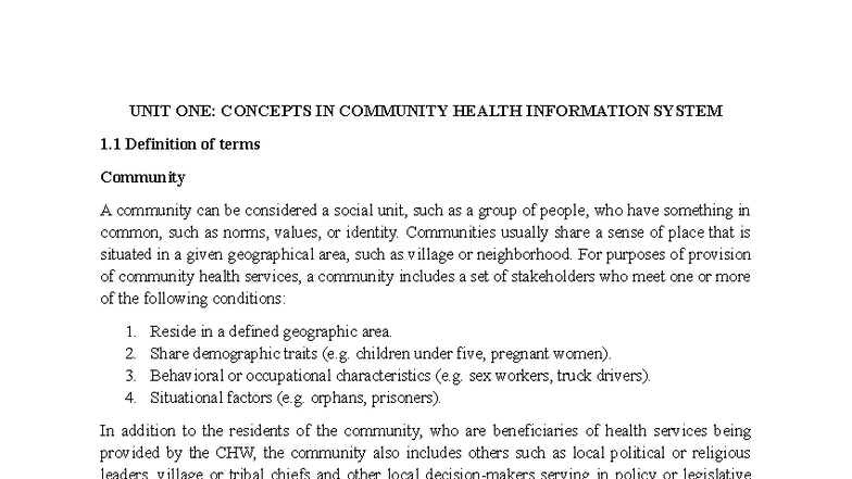 Community Health Concepts: Lecture Notes (CHS 101) - Studocu